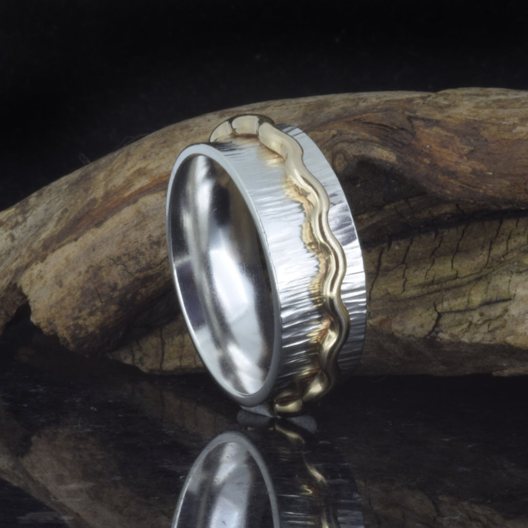 800 Silver & 9ct Gold Hammered Wave Spinner Fidget Ring UK Size N - Etsy