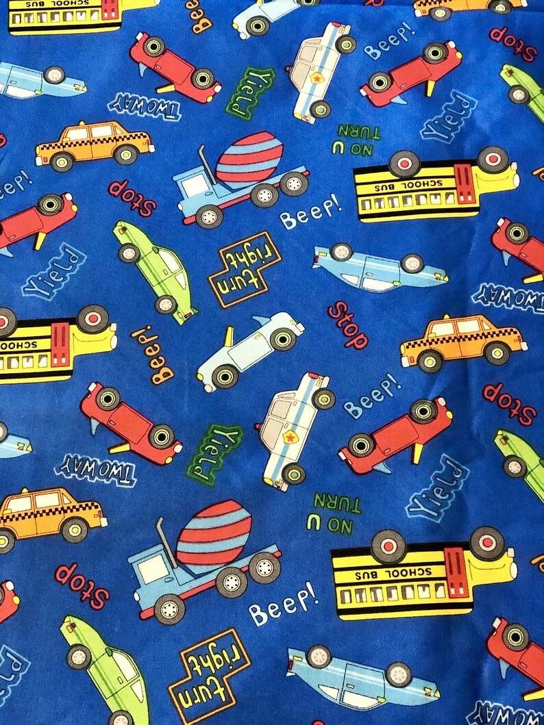 School Bus Cotton Fabric: Blue Truck Car Print - Quilting & Patchwork ...