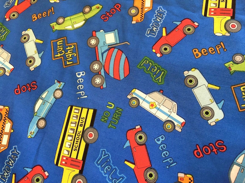 School Bus Cotton Fabric: Blue Truck Car Print - Quilting & Patchwork ...