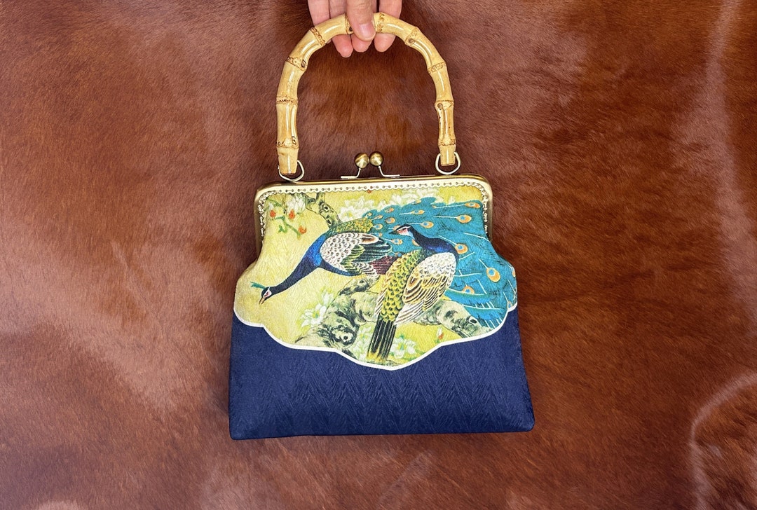 Handmade Silk Kiss Lock Clutch: Flower Peacock Bamboo Handle Evening ...