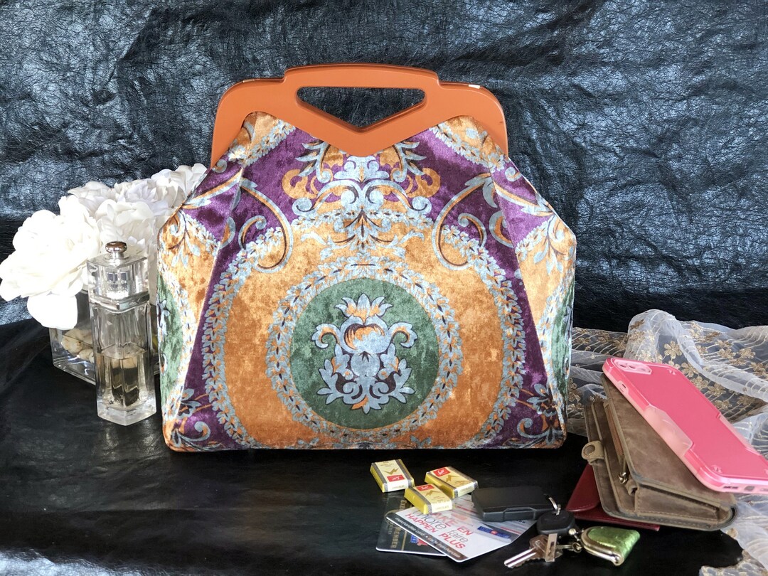Handmade Wood Handle Clutch Large Size Vintage Purse Damask Pattern ...