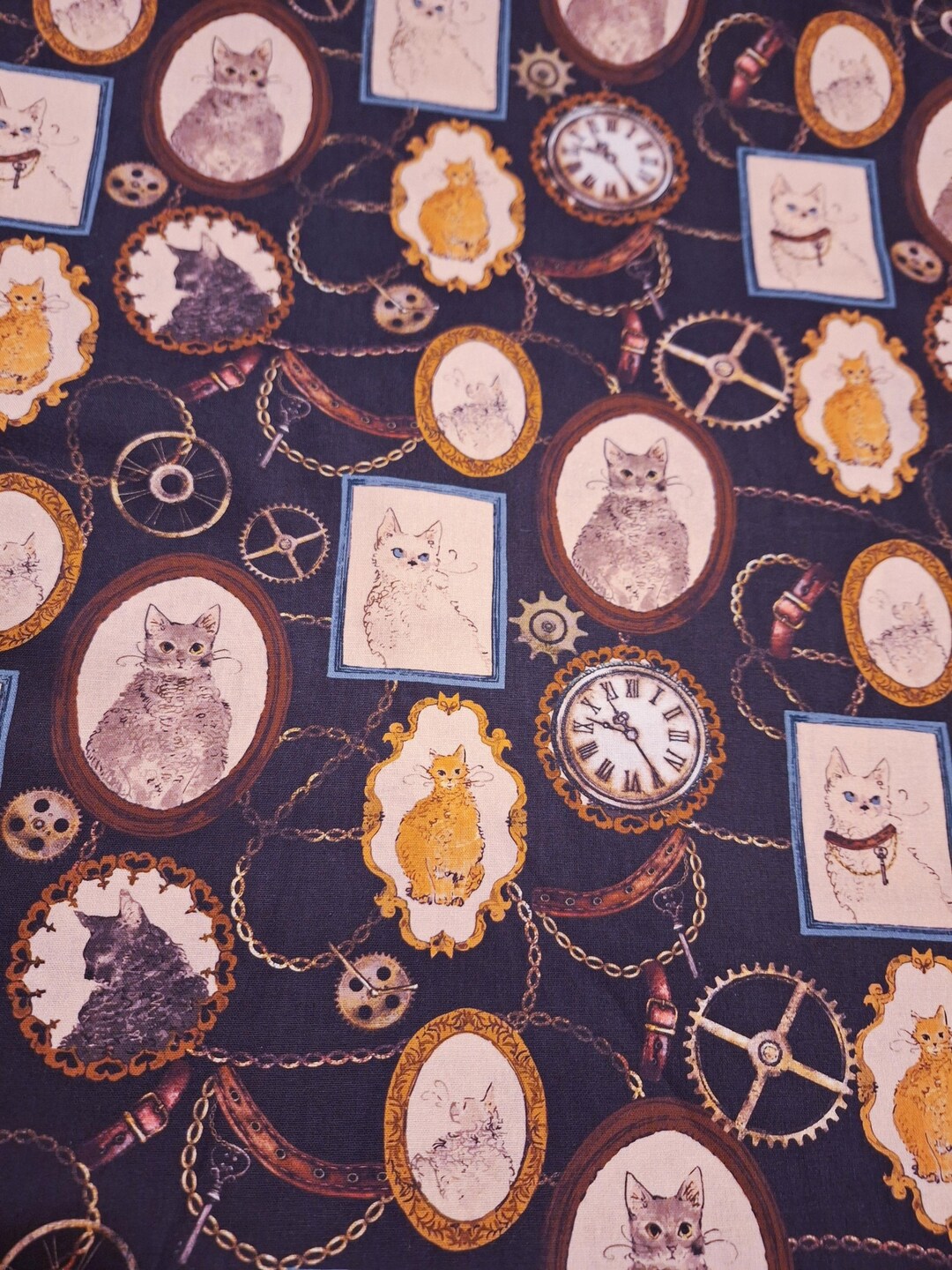 Cat & Clock Gear Cotton Fabric: Vintage Calico Pattern - Etsy