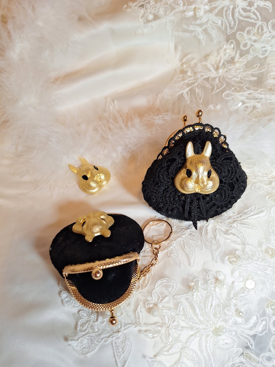 Mini Kiss Lock Coin Purse Black Velvet Bunny Purse Change Purse Mini ...