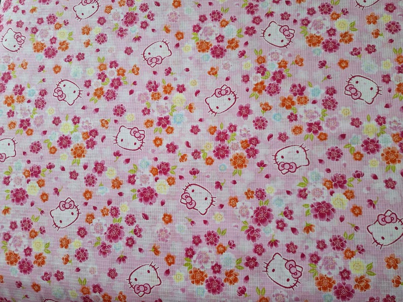 Hello Kitty Japanese Cotton Fabric: Pink Flowers Kimono Fabric ...