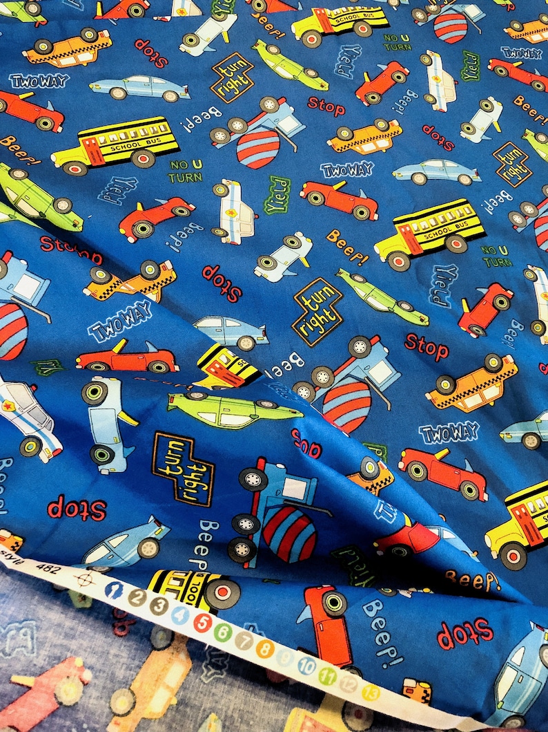 School Bus Cotton Fabric: Blue Truck Car Print - Quilting & Patchwork ...