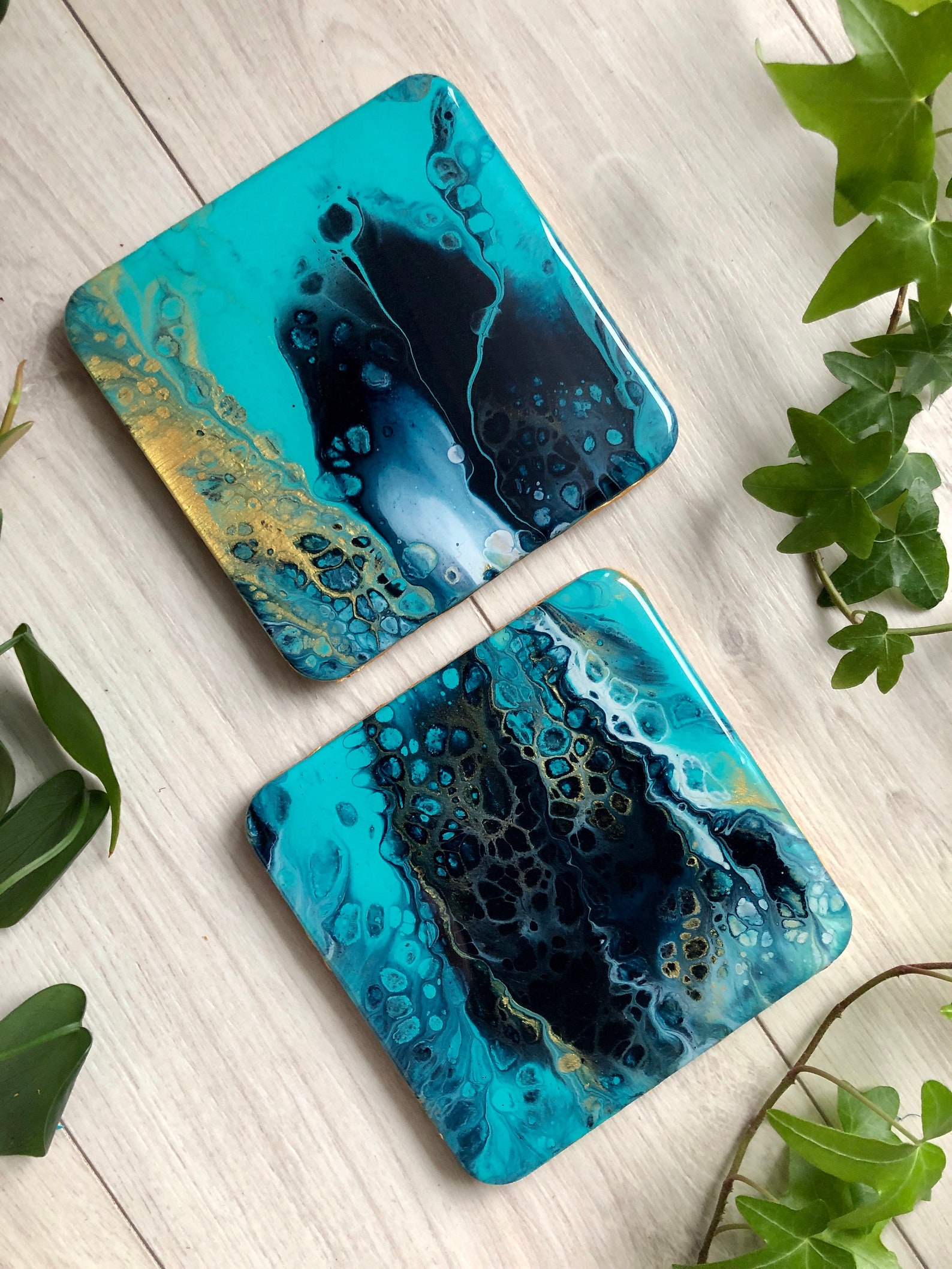 Unique Set of 2 Blue Black Coasters Abstract Decorative - Etsy