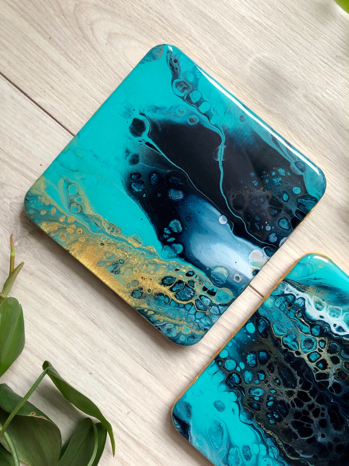 Unique Set of 2 Blue Black Coasters Abstract Decorative - Etsy