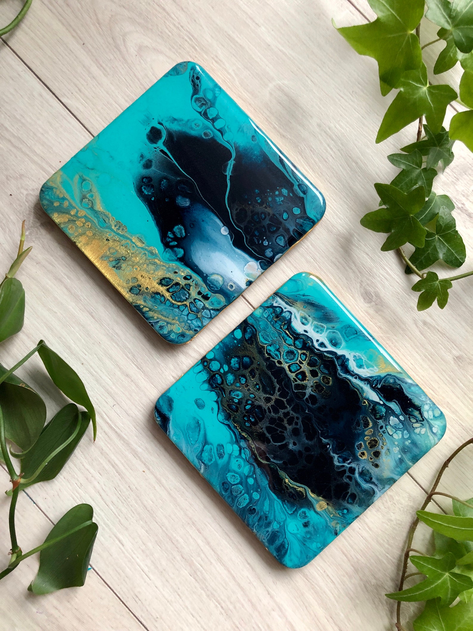 Unique Set of 2 Blue Black Coasters Abstract Decorative | Etsy