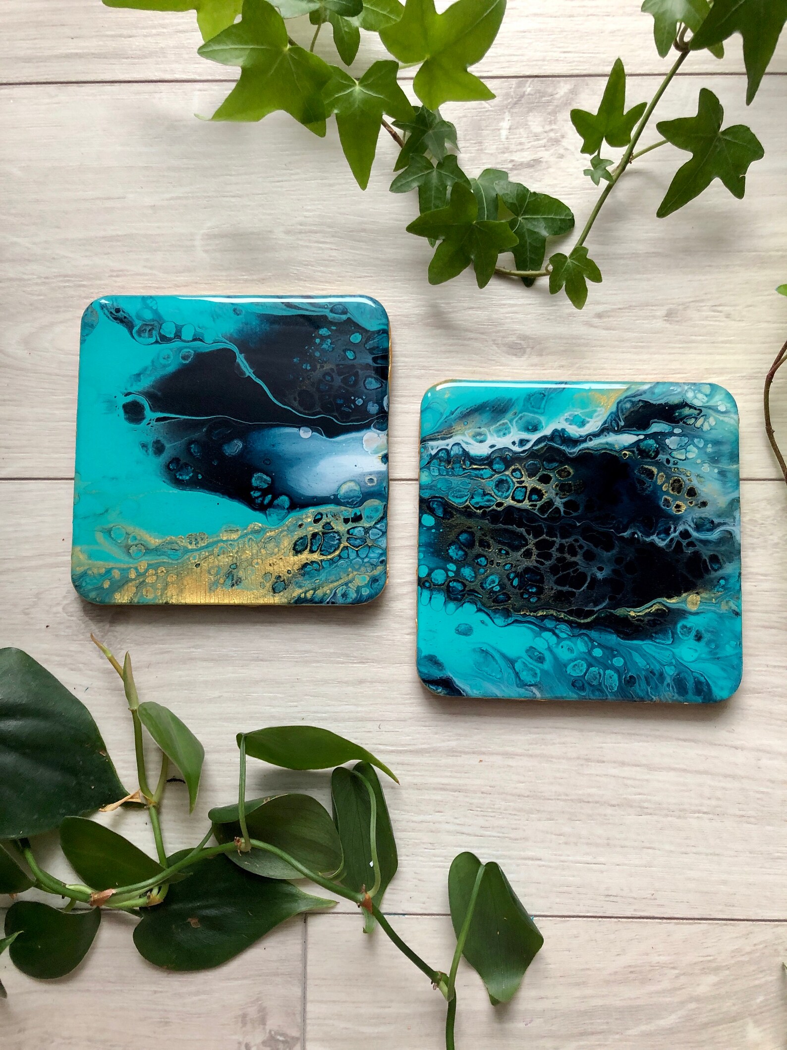 Unique Set of 2 Blue Black Coasters Abstract Decorative - Etsy