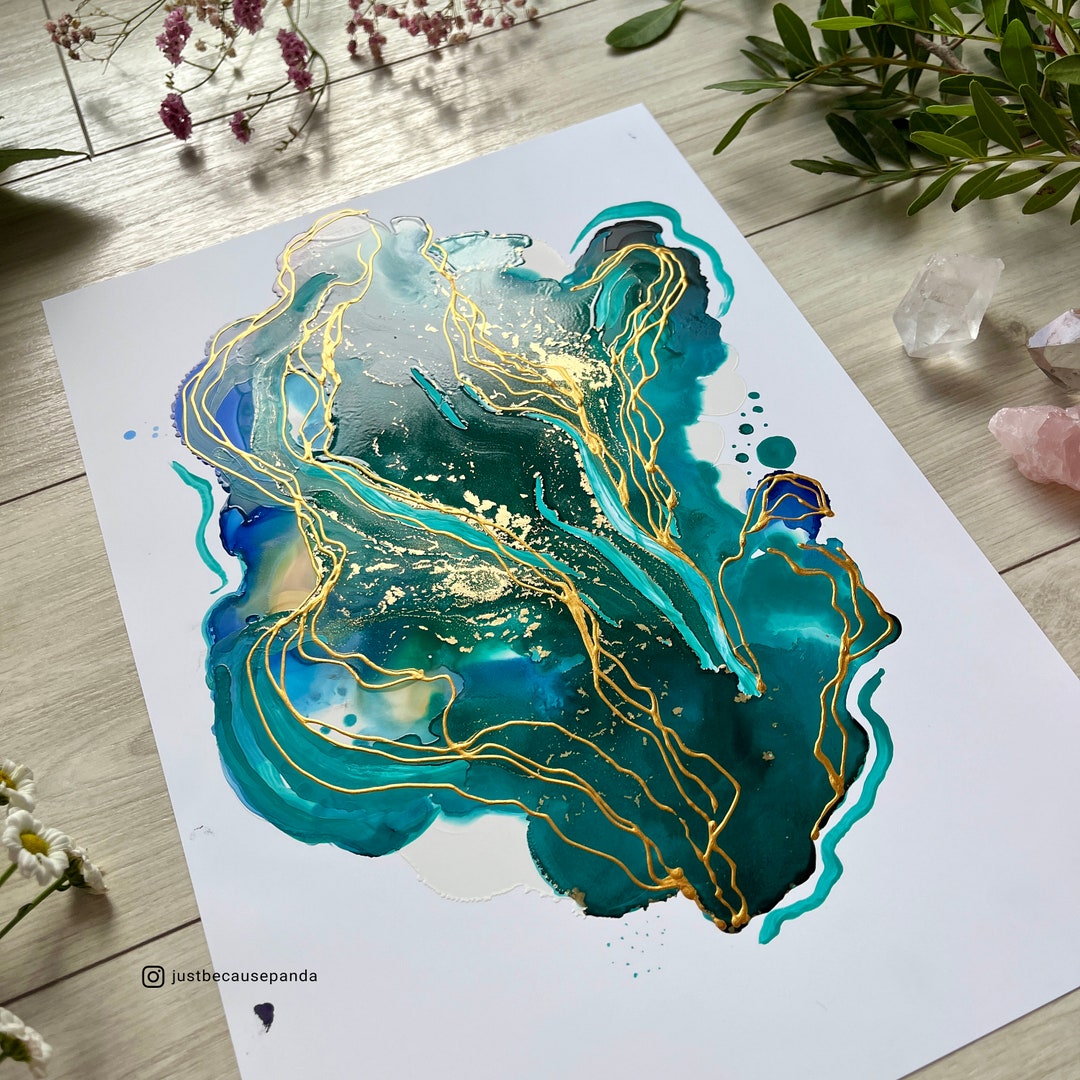 Blue Gold Ink A4, Original Ink Painting, Painting With Gold Elements ...