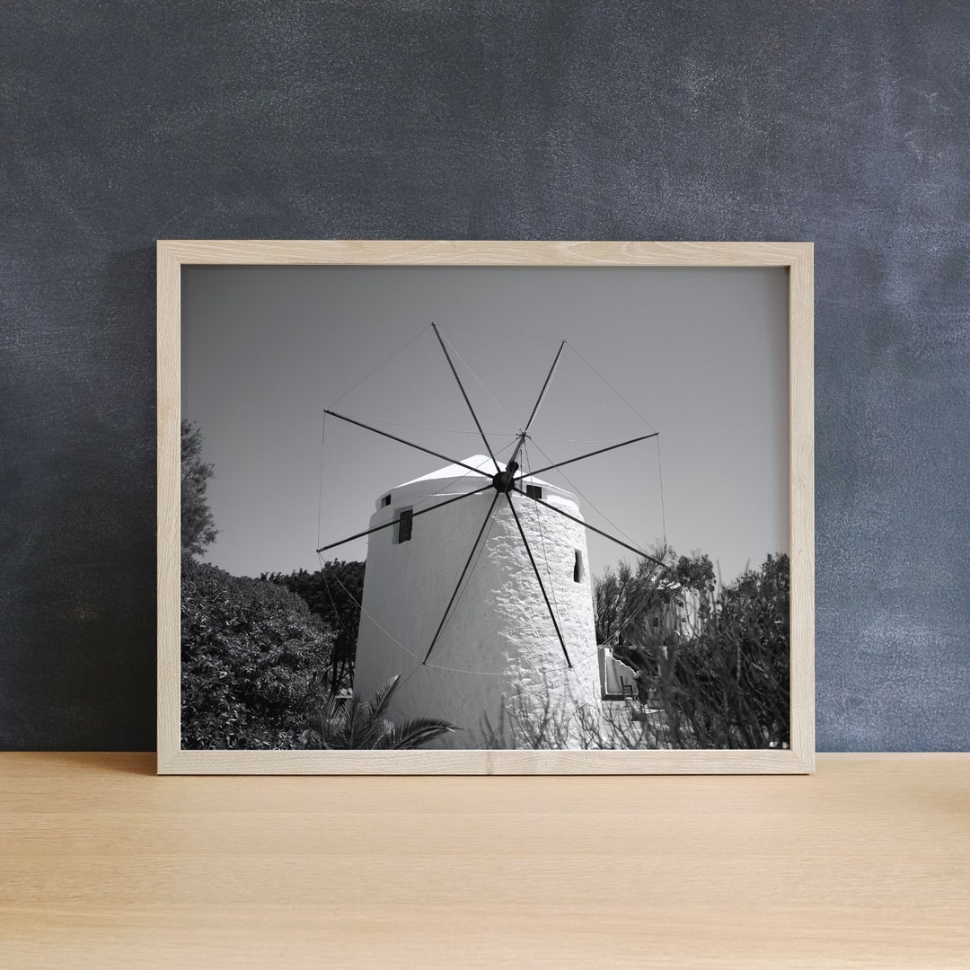 Milos Windmill Print | Greek Island Print, Black and White Art, Greece ...