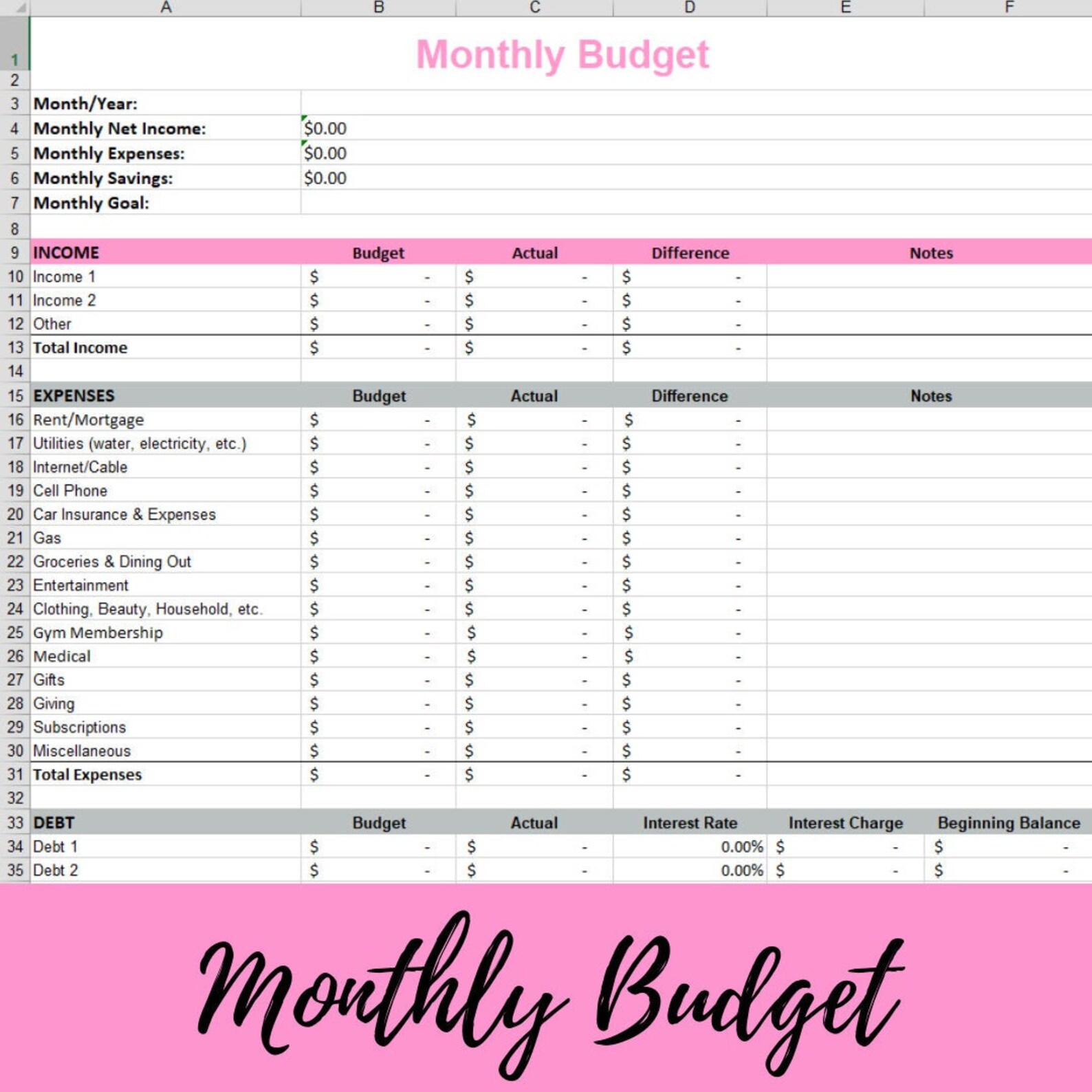 Monthly Budget Template Excel Download Etsy