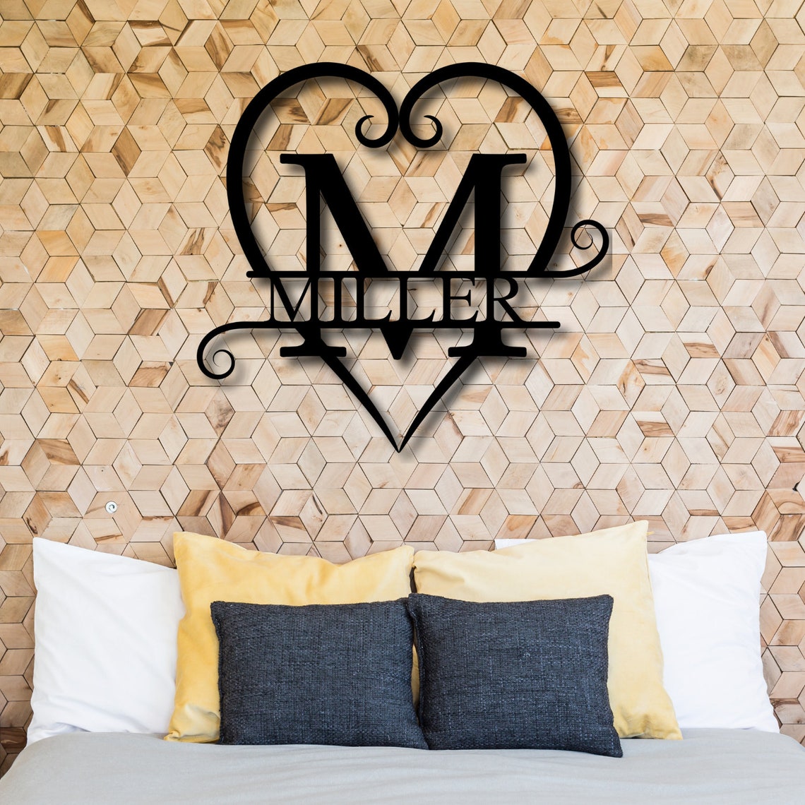 Custom Heart Metal Name Sign, Split Monogram, Family Last Name - Etsy