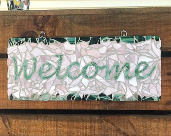 Tall Framed Crushed Glass Dragonfly Mosaic Outdoor Welcome Sign for ...
