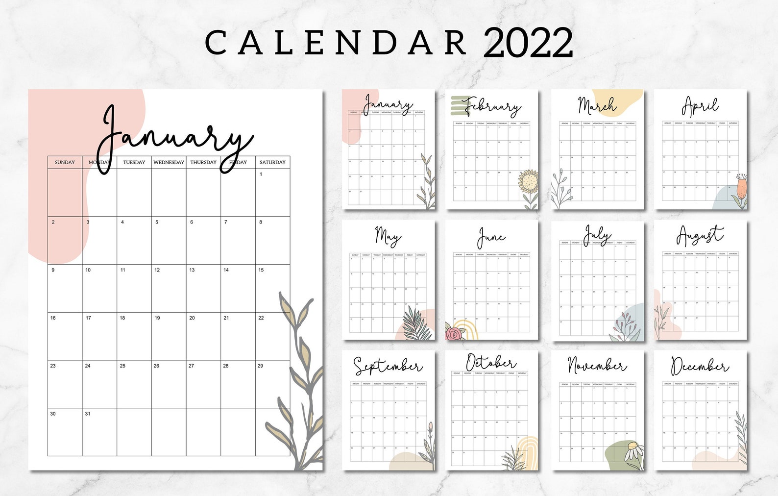 2022 Printable Monthly Calendar. 12 Month Calendar. Desk Calendar ...