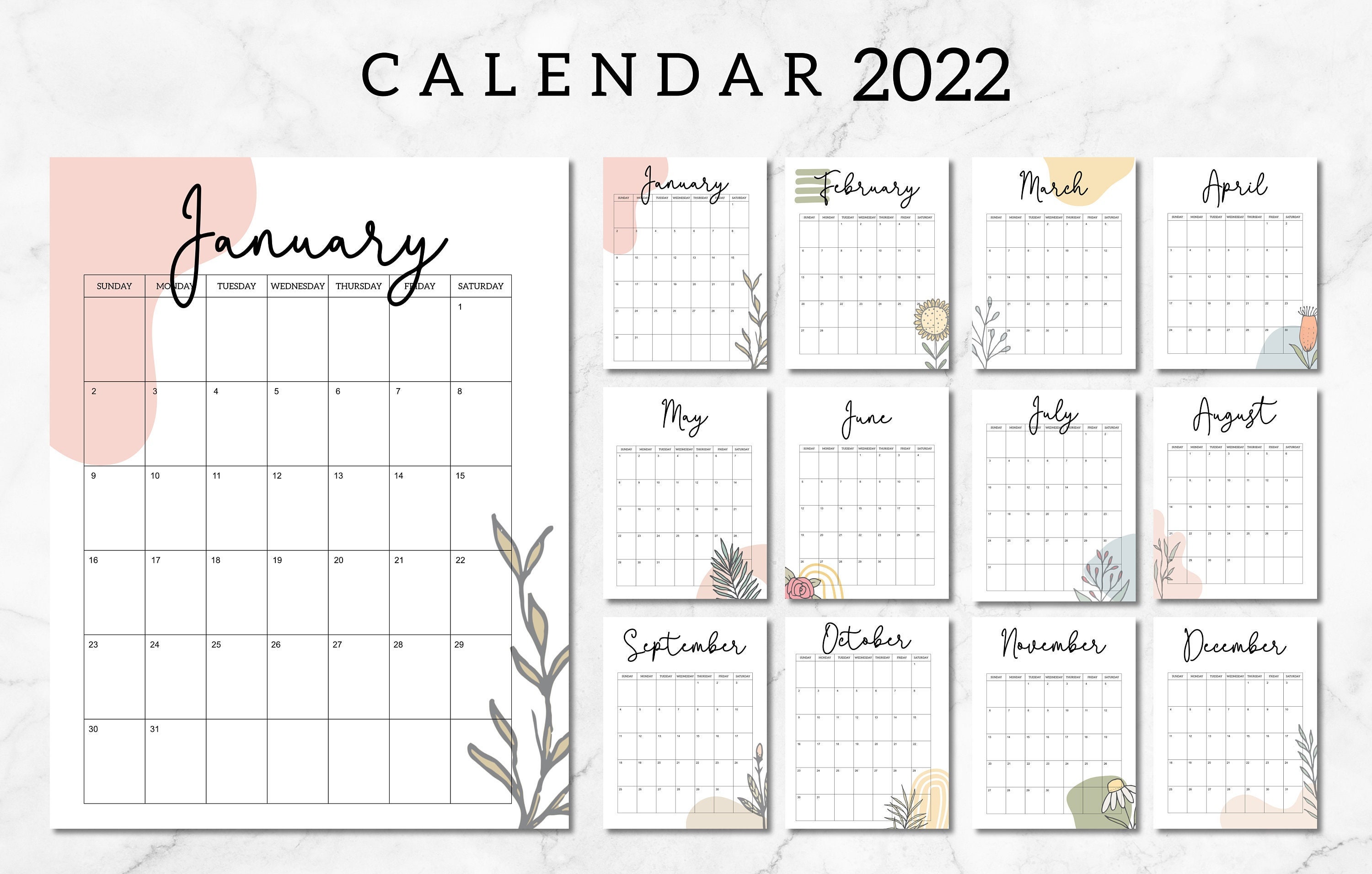2022 Printable Monthly Calendar. 12 Month Calendar. Desk Calendar ...