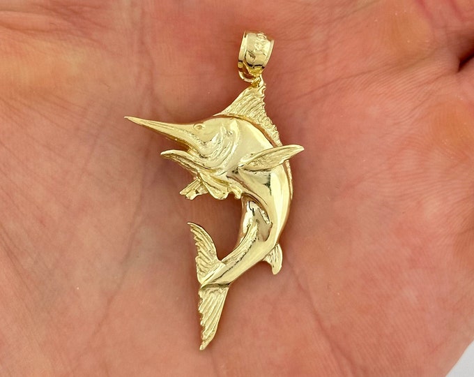 14k Solid Yellow Gold Marlin Nautical Charm Fish Pendant - Etsy