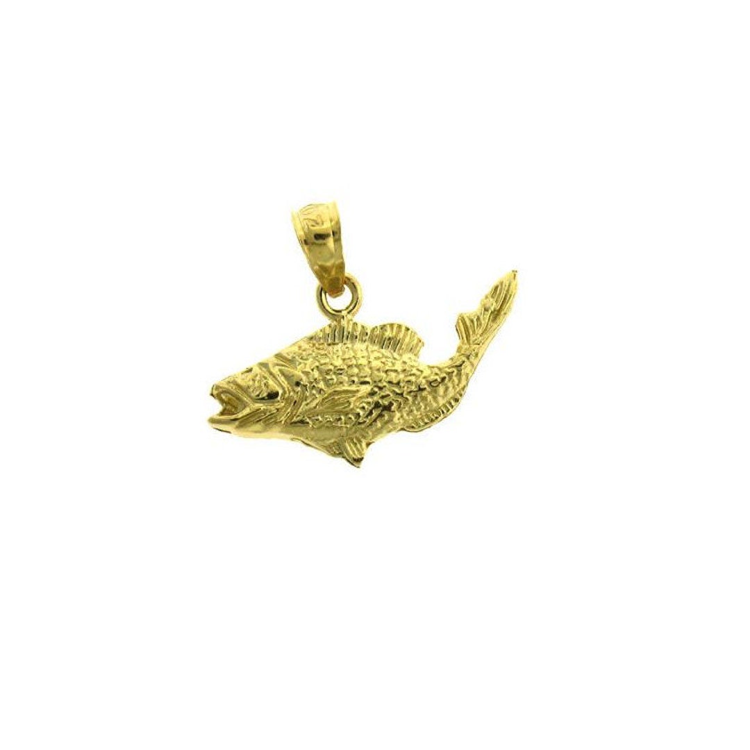 14k Solid Yellow Gold Bass Fish Pendant Nautical Charm Fisherman Gift ...