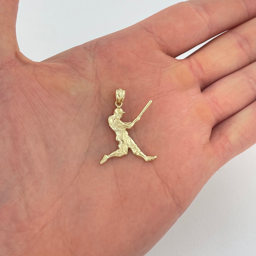 14k Solid Yellow Gold Baseball Charm Sports Pendant Baseball Player ...