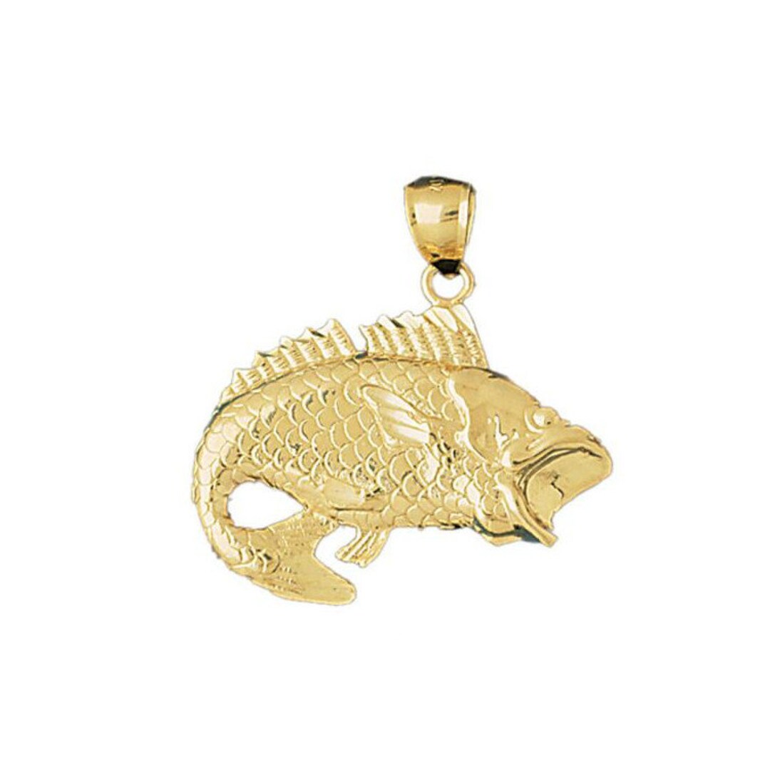 14k Solid Yellow Gold Bass Fish Pendant Nautical Charm Fisherman Gift ...