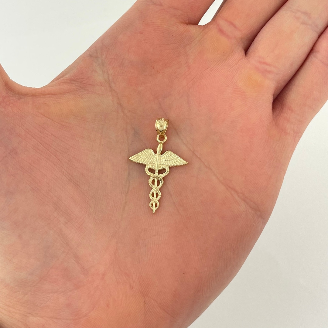14k Solid Yellow Gold Caduceus Pendant Medical Doctor Nurse Necklace ...