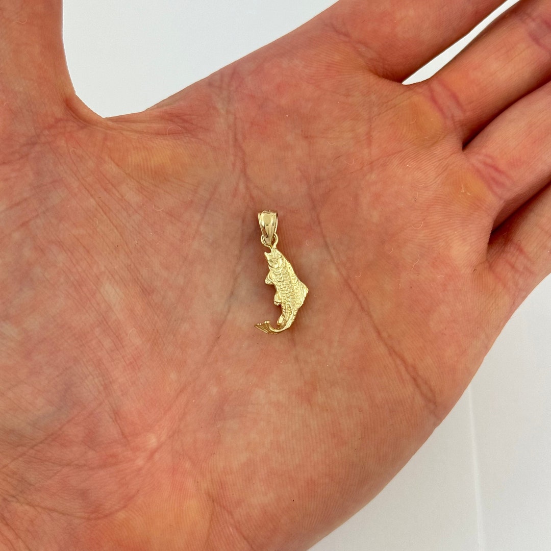 14k Solid Yellow Gold Bass Fish Pendant Nautical Charm Fisherman Gift ...
