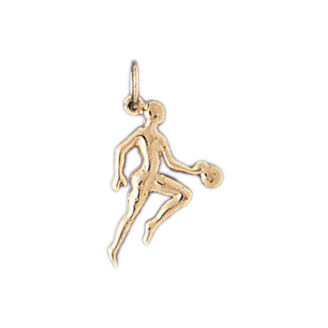 14k Solid Yellow Gold Basketball Charm Sports Pendant Basketball Player ...
