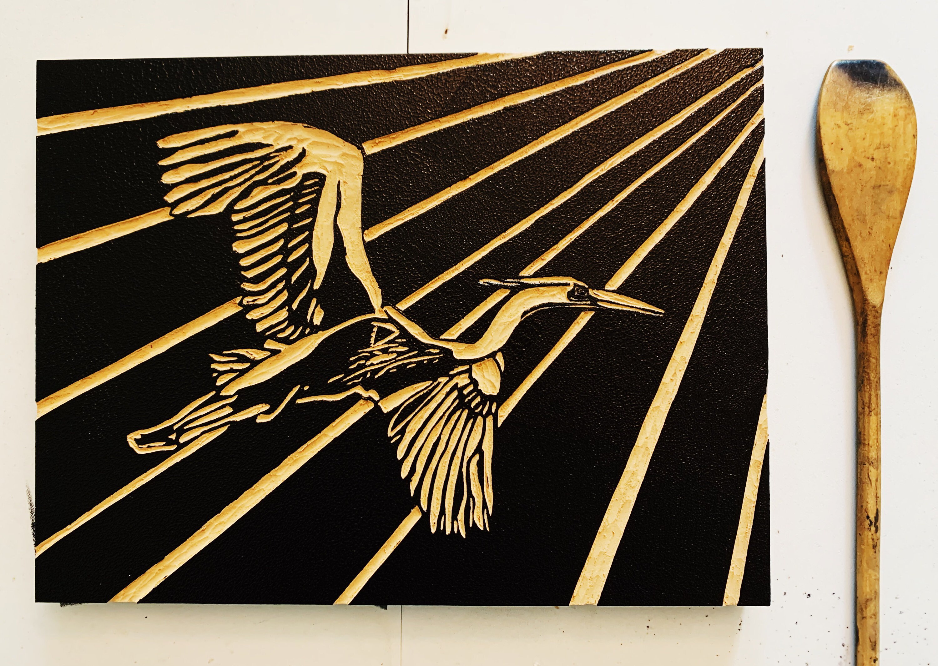 Great Blue Heron Linocut Print | Nature Art | Flying Bird Block Print ...