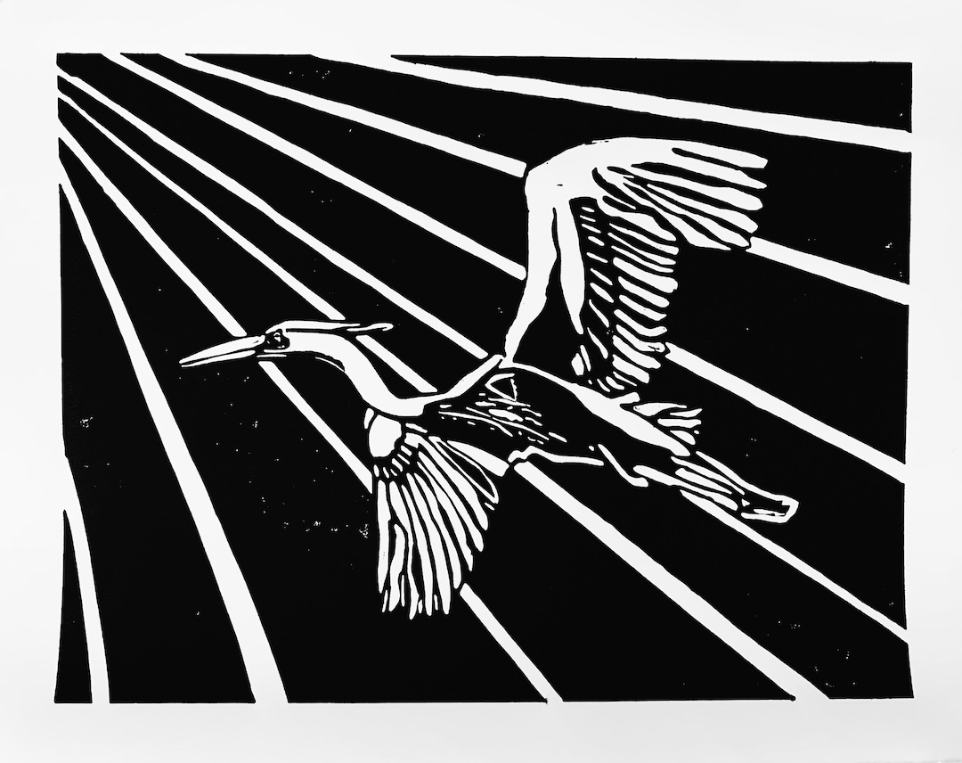 Great Blue Heron Linocut Print | Nature Art | Flying Bird Block Print ...