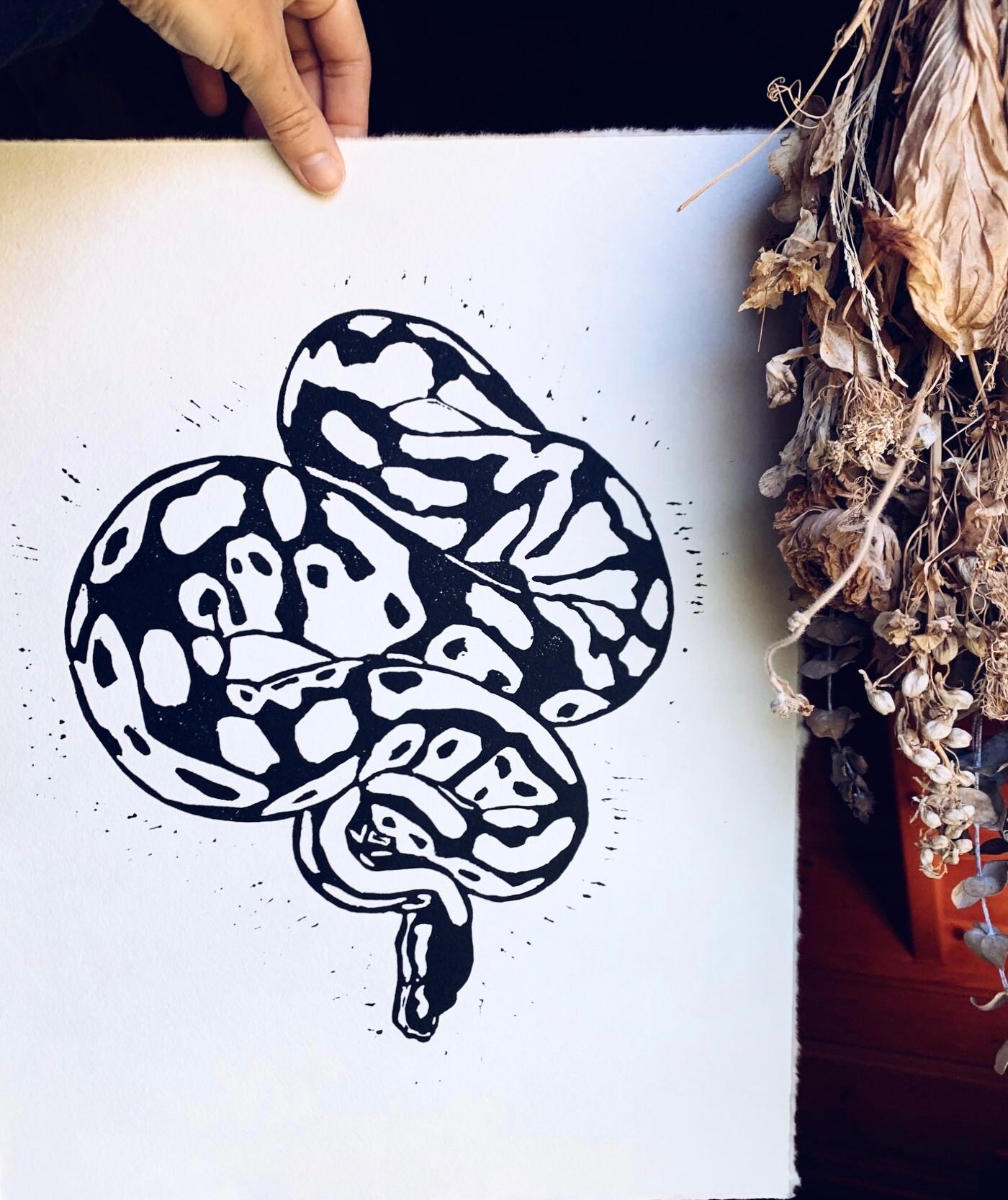 Python Print | Black and White Art | Snake Linocut | Nature Block Print ...