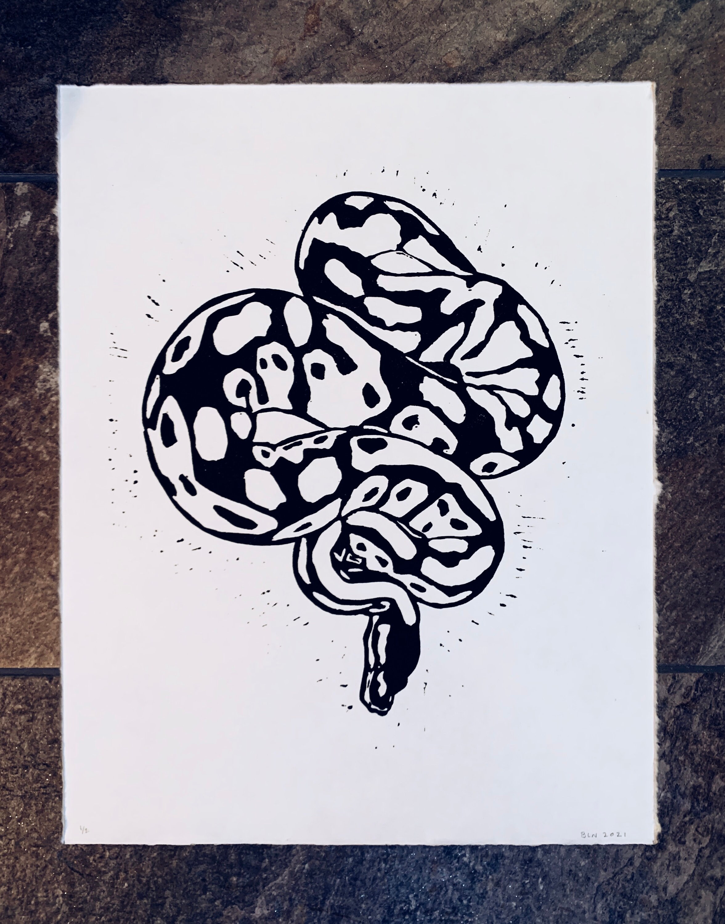 Python Print | Black and White Art | Snake Linocut | Nature Block Print ...
