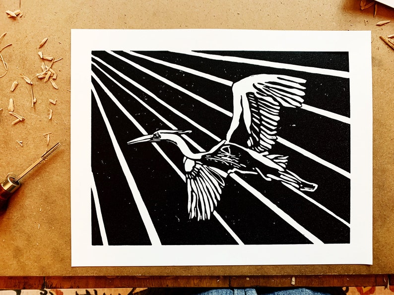 Great Blue Heron Linocut Print | Nature Art | Flying Bird Block Print ...