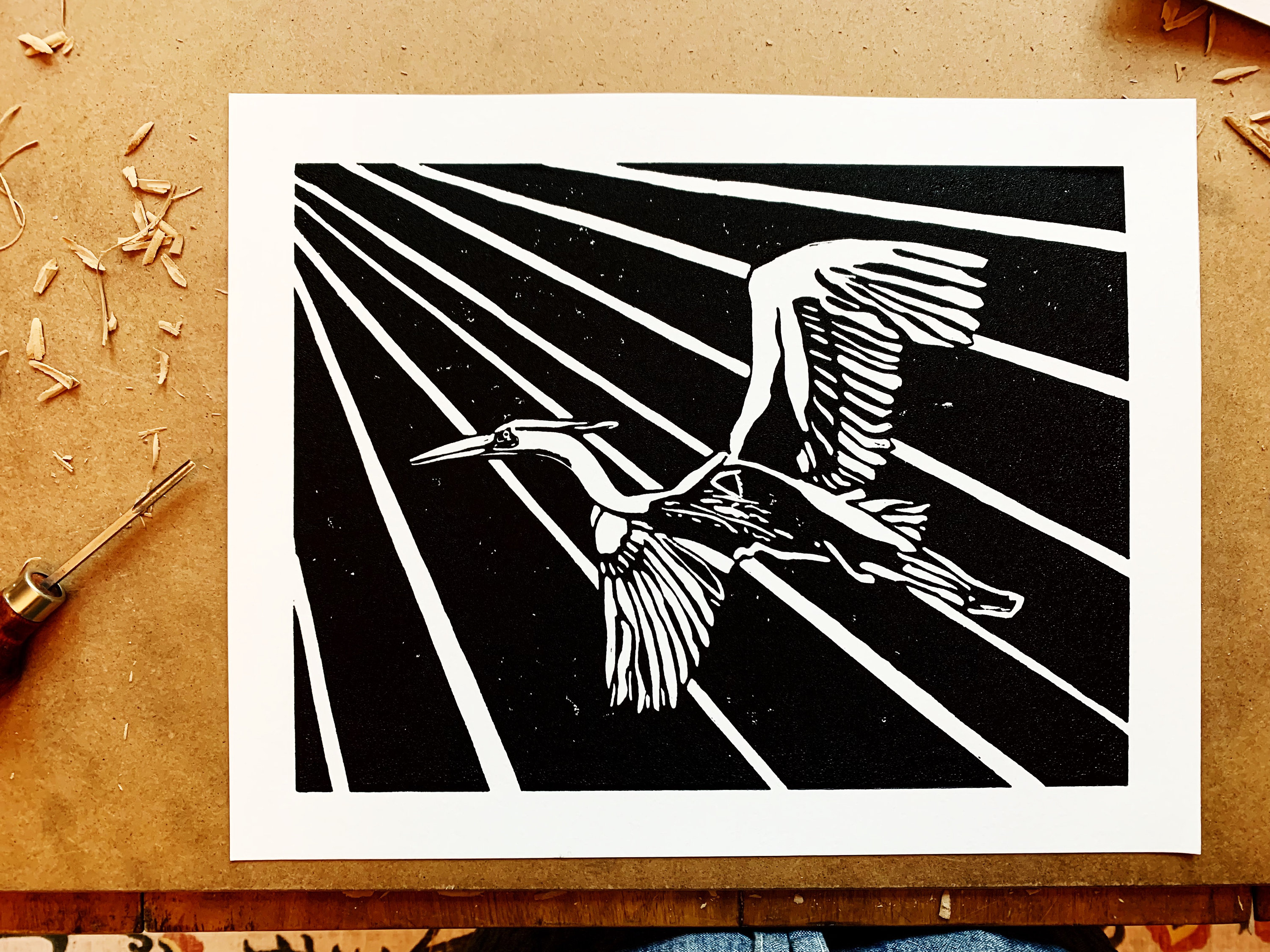 Great Blue Heron Linocut Print | Nature Art | Flying Bird Block Print ...