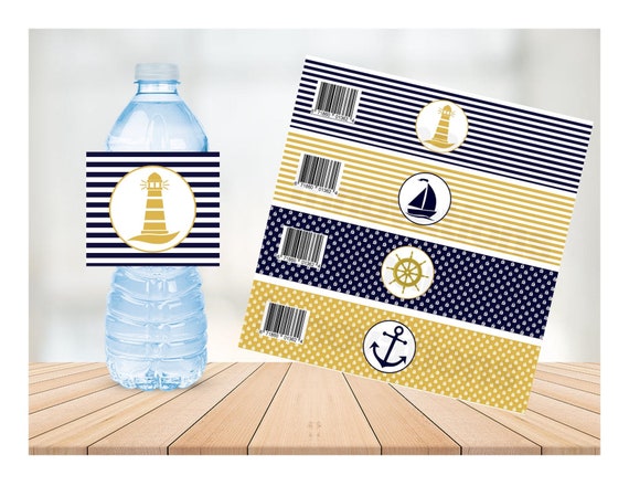 Nautical Navy Blue and Gold Water Bottle Label Sailor Water | Etsy