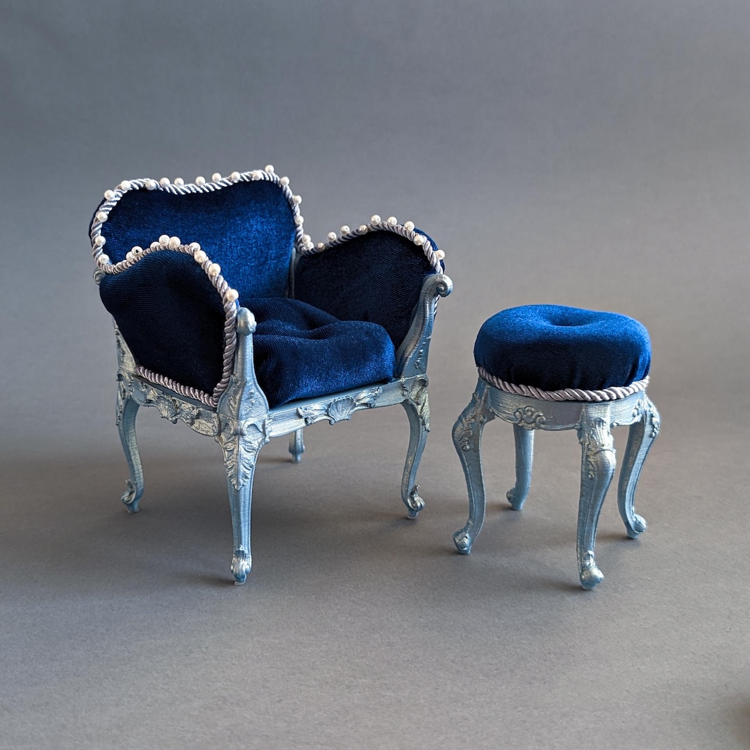 French Rococo Armchair and Stool for BJD 1/6 Scale Royal Blue Velvet ...
