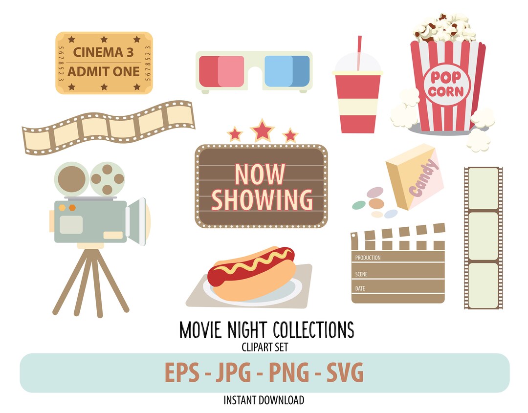Movie Night Clipart SVG, Popcorn, Film, 3D Glasses - Etsy