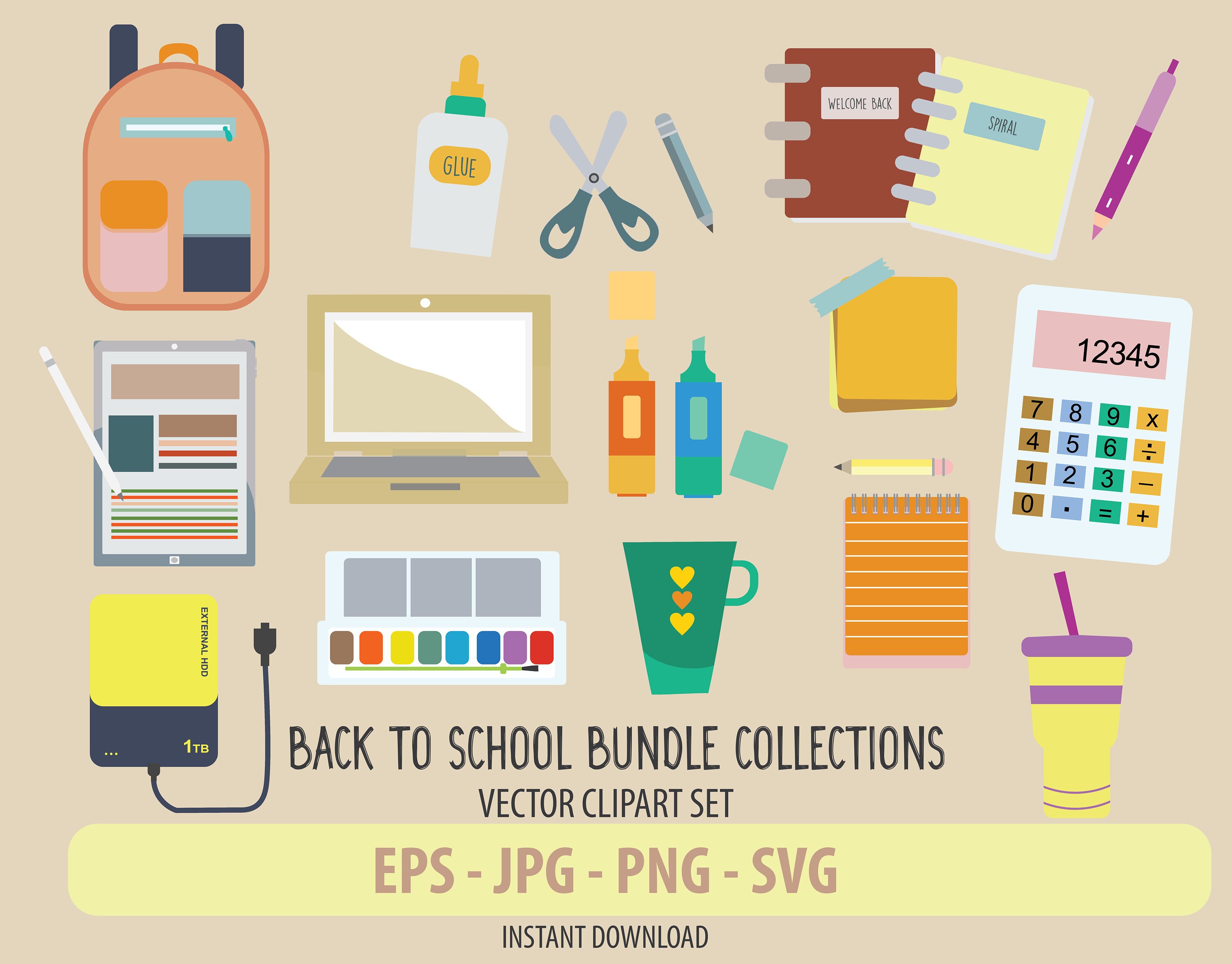 Back to School Bundle Clipart - Laptop - iPad - Bag - Watercolor ...