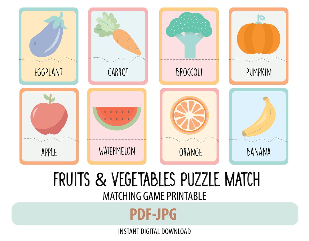 Fruits and Vegetables Puzzle Match Educational Flashcards PDF JPG - Etsy