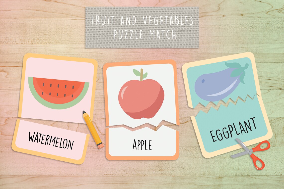 Fruits and Vegetables Puzzle Match Educational Flashcards PDF JPG - Etsy