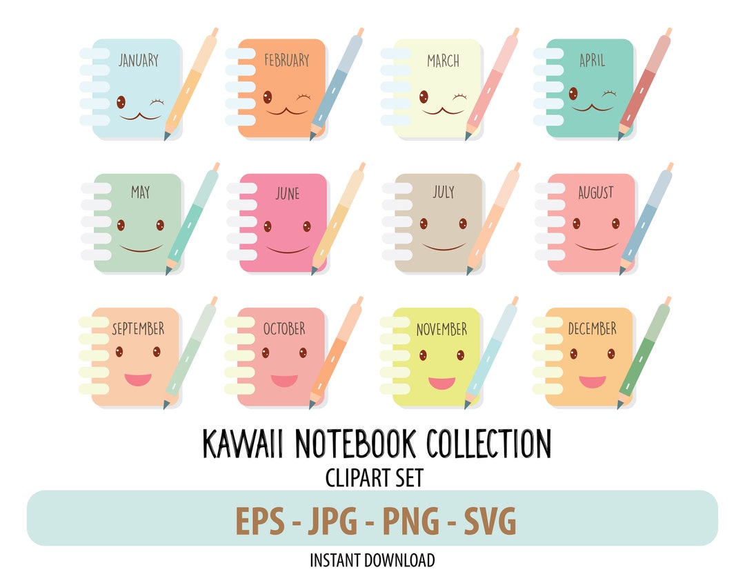 Kawaii Notebook-cute Journal-cute Planner Clipart- Months of the Year ...