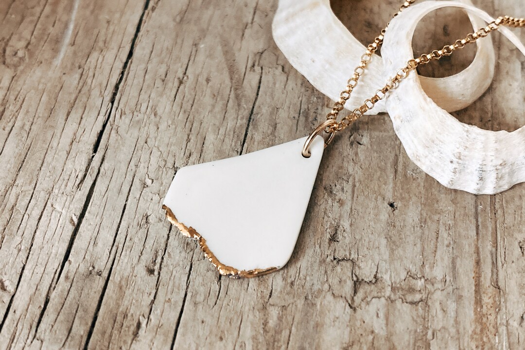 White Porcelain Diamond Necklace, 14k Gold Chain, Minimalist Pendant - Etsy