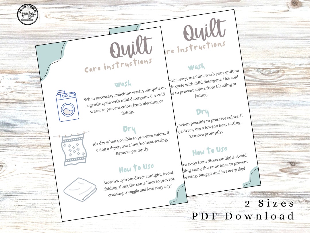 Quilt Care Card Blue Instructions PDF Download 5x7 Mini Size Printable ...