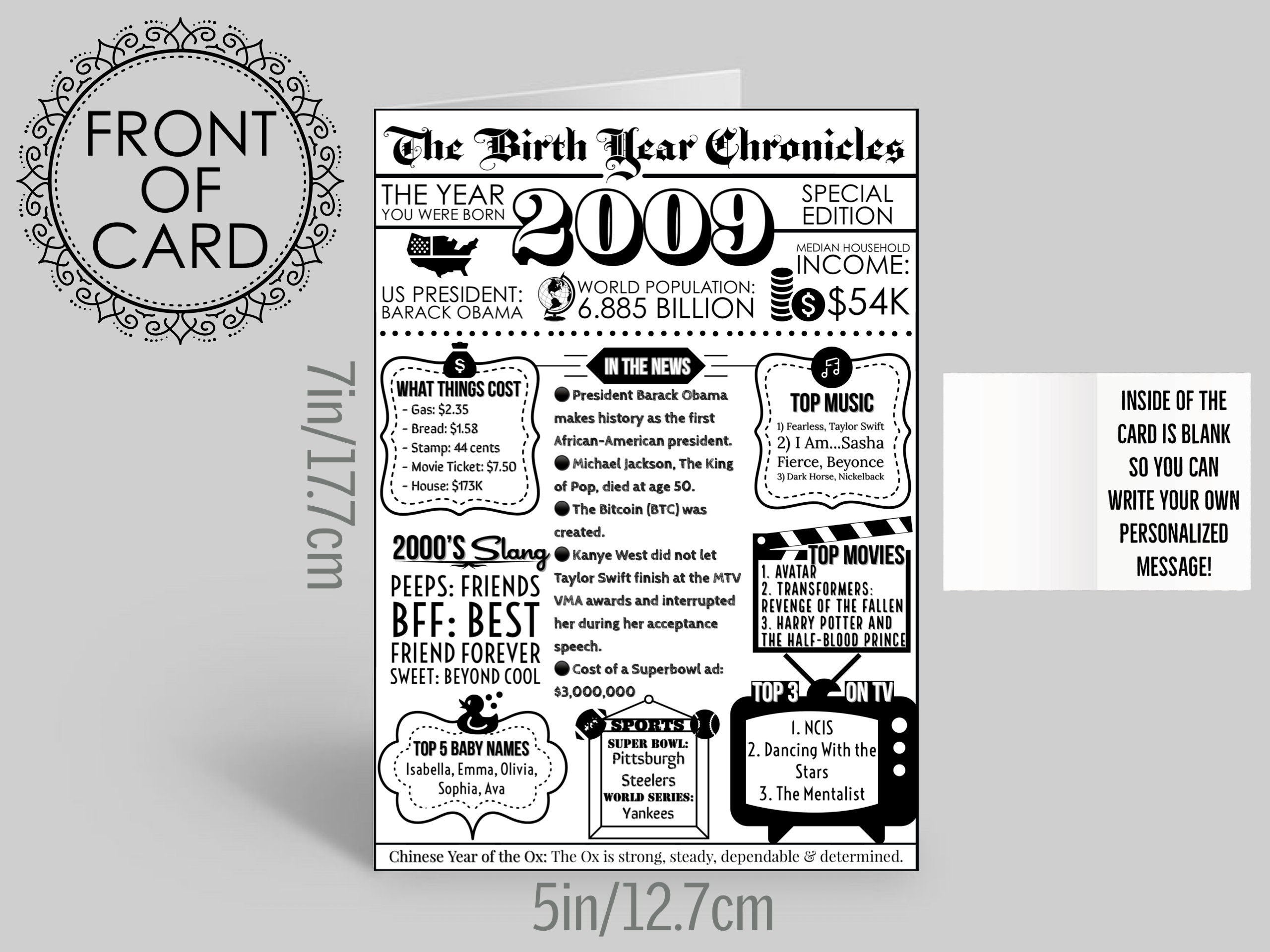 2009 PRINTABLE Year You Were Born Birthday Card | Folded 5x7 | Unique ...