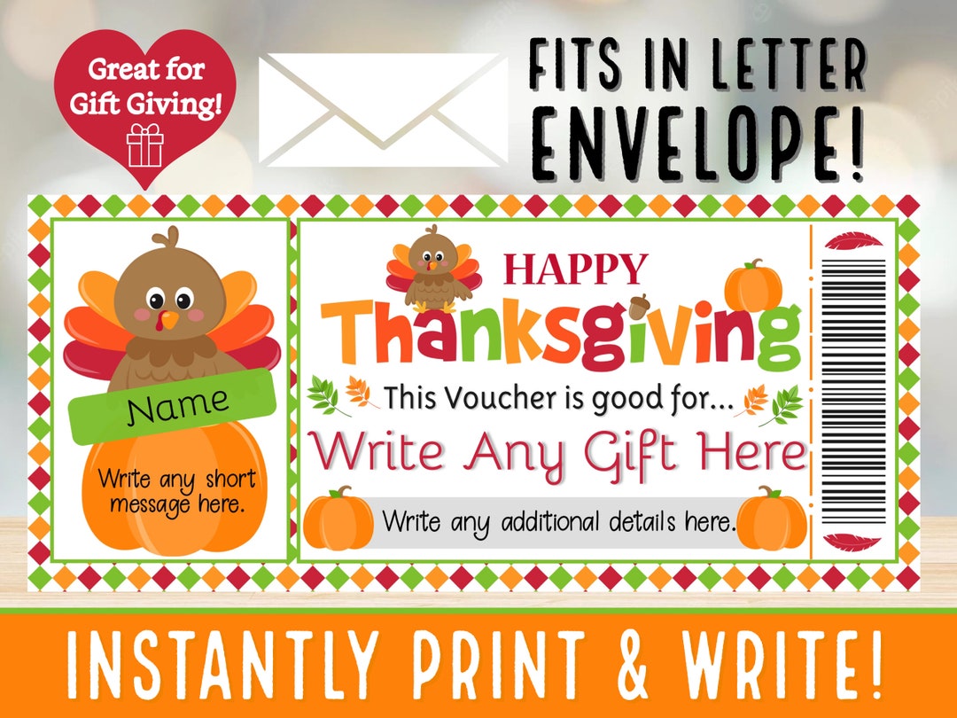 INSTANTLY PRINT & WRITE Cute Thanksgiving Turkey Gift Voucher Coupon ...