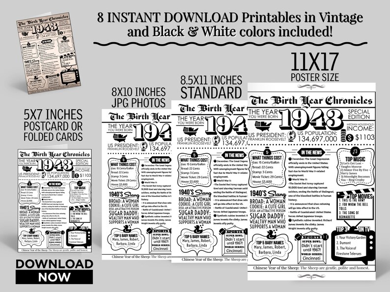 1943 PRINTABLE Vintage Newspaper Year You Were Born Birthday - Etsy