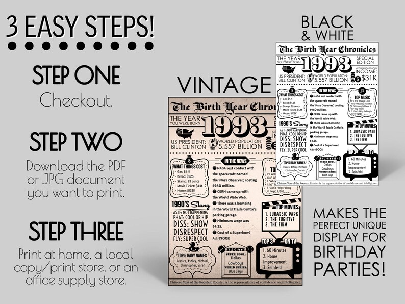 1993 PRINTABLE Vintage Newspaper Year You Were Born Birthday - Etsy