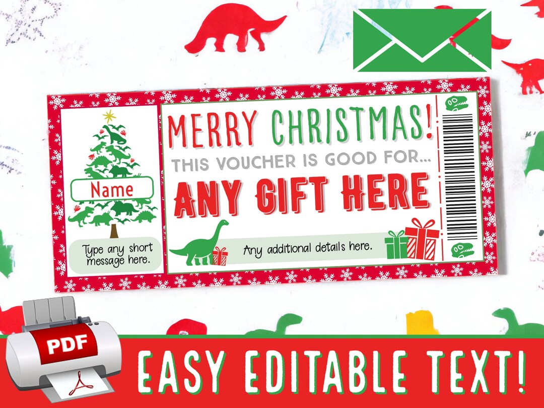 INSTANTLY EDIT Dinosaur Christmas Gift Voucher Coupon Gift Certificate ...