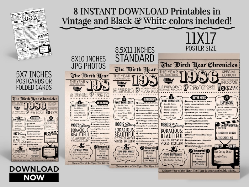 1986 PRINTABLE Vintage Newspaper Year You Were Born Birthday Bundle ...