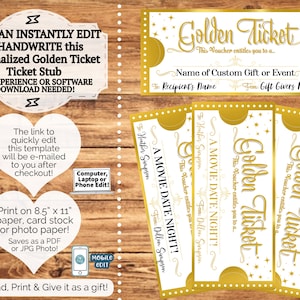 INSTANT EDITABLE Personalized Golden Ticket Souvenir Ticket Gift Coupon ...