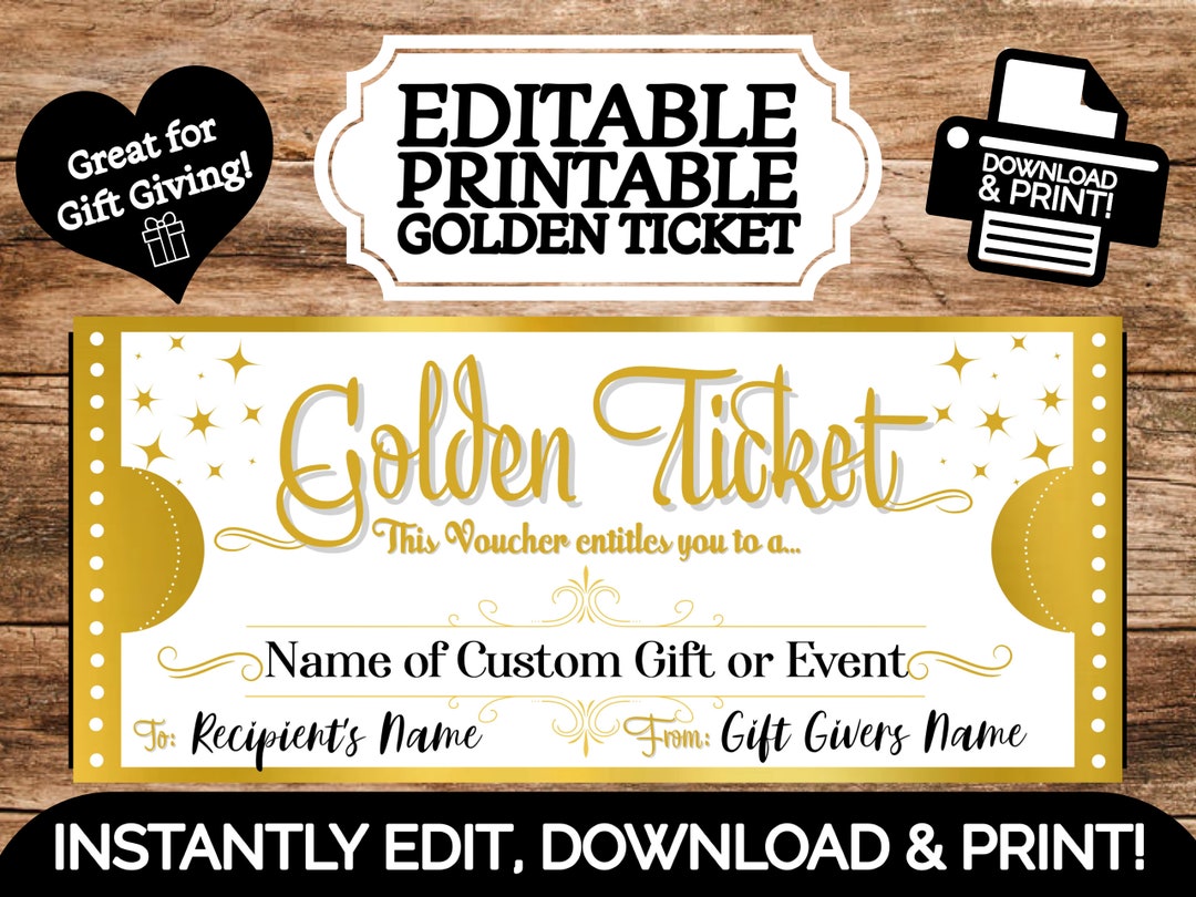INSTANT EDITABLE Personalized Golden Ticket Souvenir Ticket Gift Coupon ...
